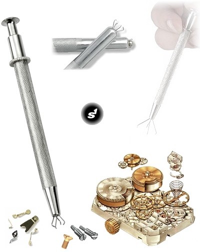 Spring loaded tweezer with 3 arms for watch parts